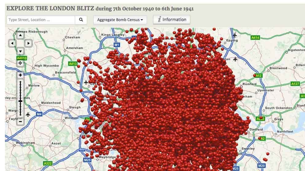 This map shows the locations where bombs fell on London during World ...